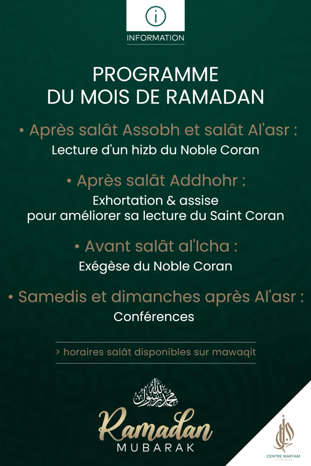 Programme du Mois de Ramadan – Centre Maryam